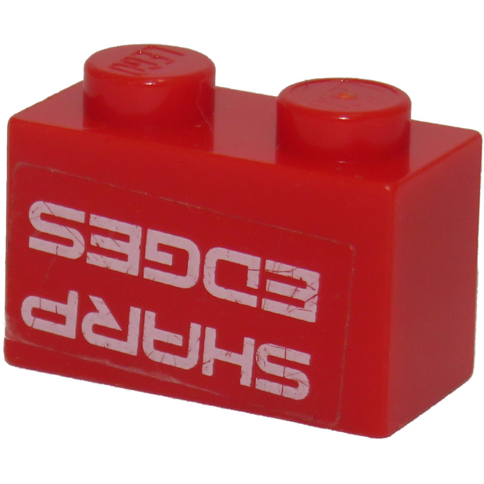 LEGO Red Brick 1 x 2 with 'SHARP EDGES' Sticker with Bottom Tube (3004 ...