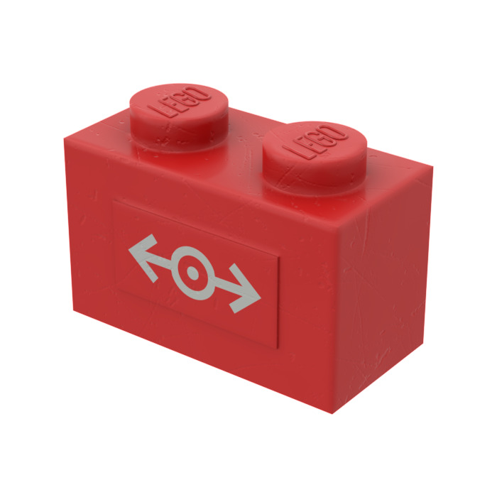 LEGO Red Brick 1 x 2 with Train Logo Gray Sticker with Bottom Tube ...