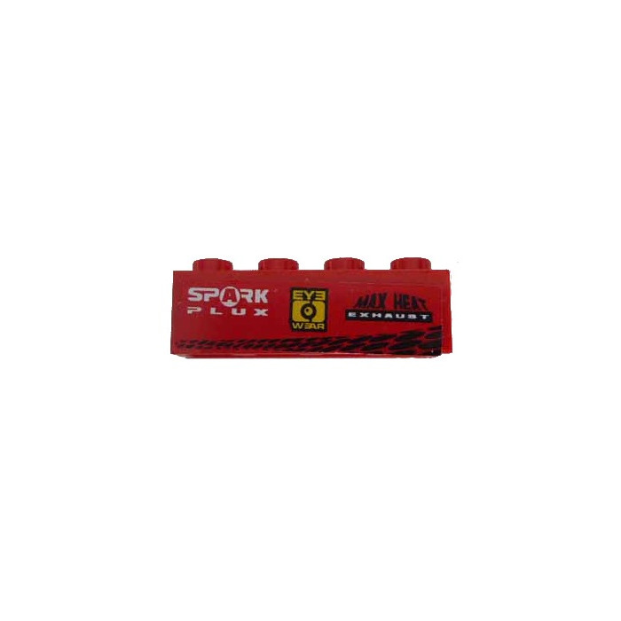 LEGO Red Brick 1 x 4 with 'SPARK PLUX' and 'EYE WEAR' and 'MAX HEAT ...