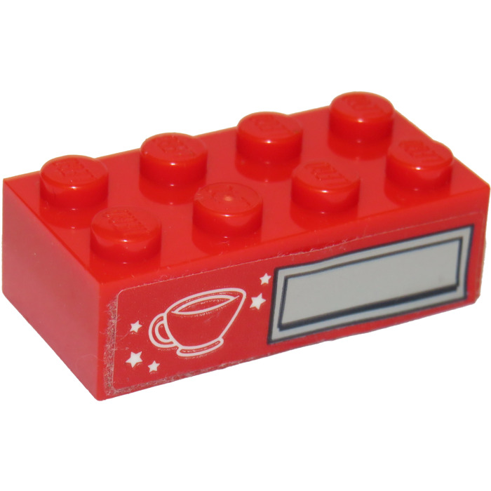 LEGO Red Brick 2 x 4 with Coffee Cup and Silver Panel Sticker (3001 ...