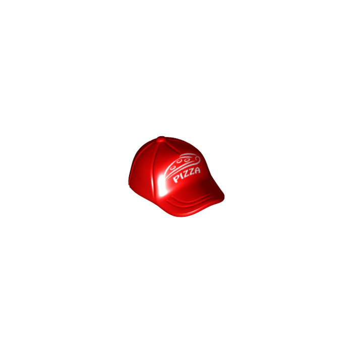 LEGO Red Cap with Short Curved Bill with Seams with White 'PIZZA ...