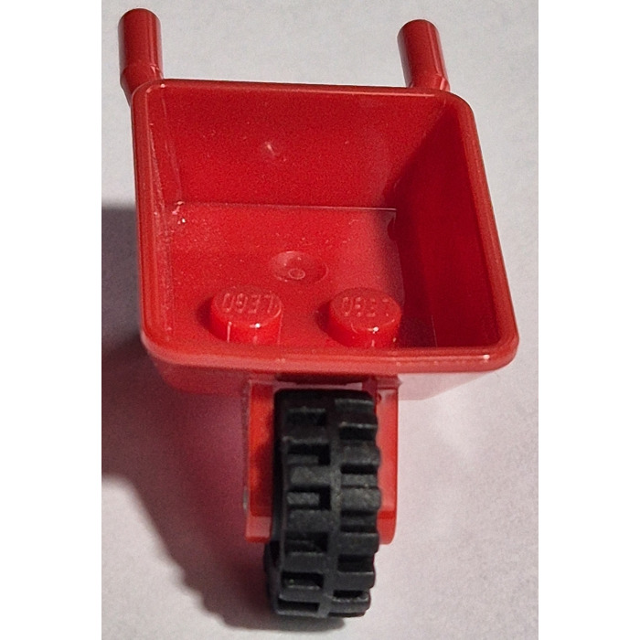 LEGO Red Minifigure Wheelbarrow with Dark Stone Wheel and Black Offset ...
