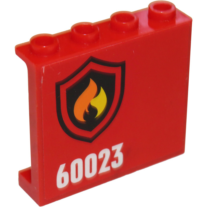 LEGO Red Panel 1 x 4 x 3 with fire logo and "60023" (left) Sticker with ...