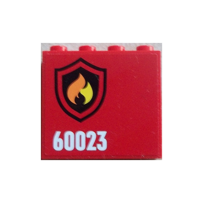 LEGO Red Panel 1 x 4 x 3 with fire logo and "60023" (left) Sticker with ...