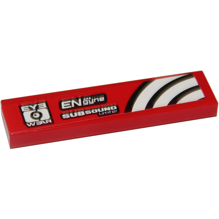 LEGO Red Tile 1 x 4 with 'EYE WEAR', 'ENgyne', 'SUBSOUND Limiter ...