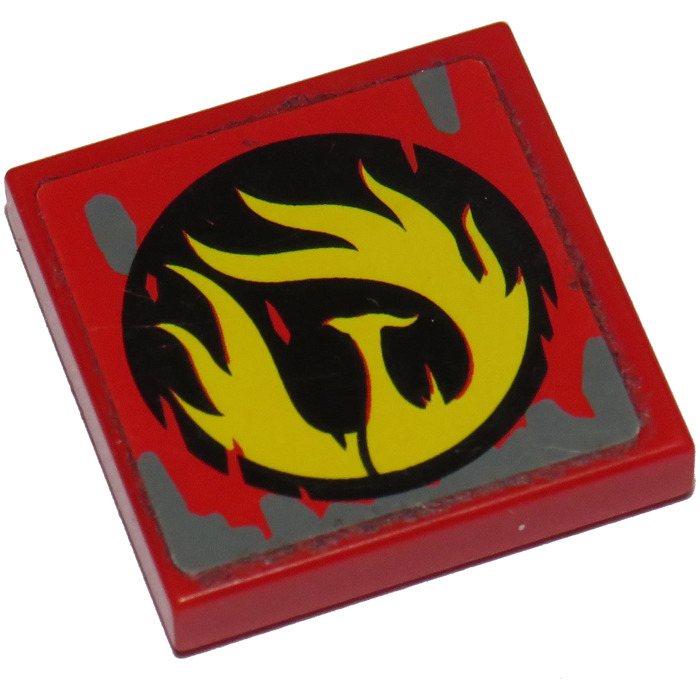 LEGO Red Tile 2 x 2 with Yellow Phoenix Flames in Black Circle and Dark ...