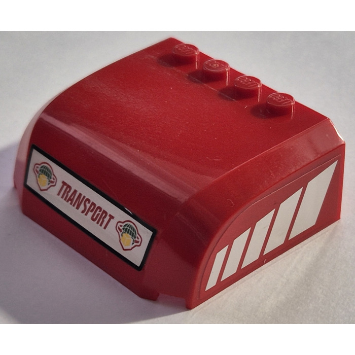 LEGO Red Windscreen 5 x 6 x 2 Curved with 'TRANSPORT' and White Stripes ...