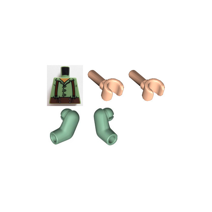 Lego Sand Green Frodo Baggins Torso With Buttoned Shirt Brown Suspenders And Top Of Brown