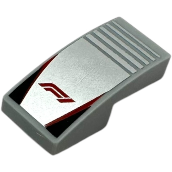 LEGO Slope 1 x 2 Curved with 'F1' logo on silver background, black ...