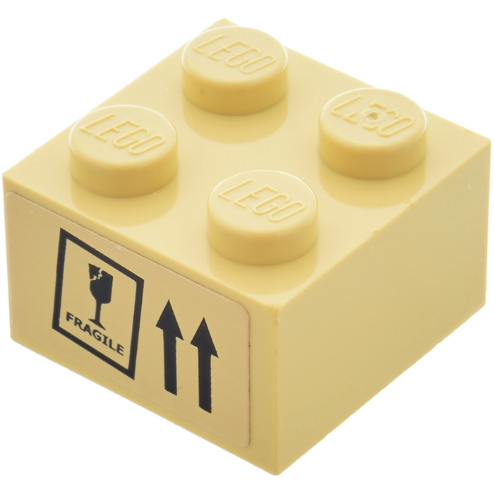 LEGO Tan Brick 2 x 2 with ‘FRAGILE’ Glass and Up Arrows Sticker (3003 ...