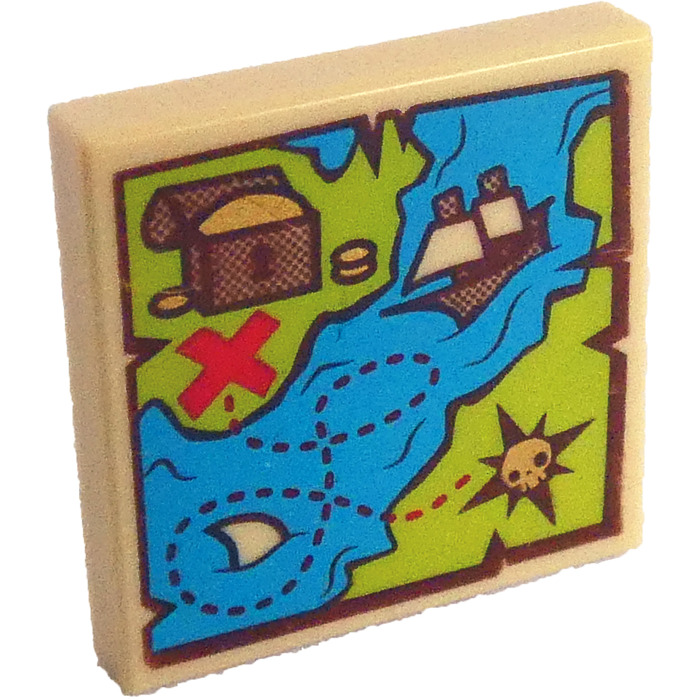 LEGO Tan Tile 2 x 2 with Map with Ship, Treasure Chest and Red 'X' with ...