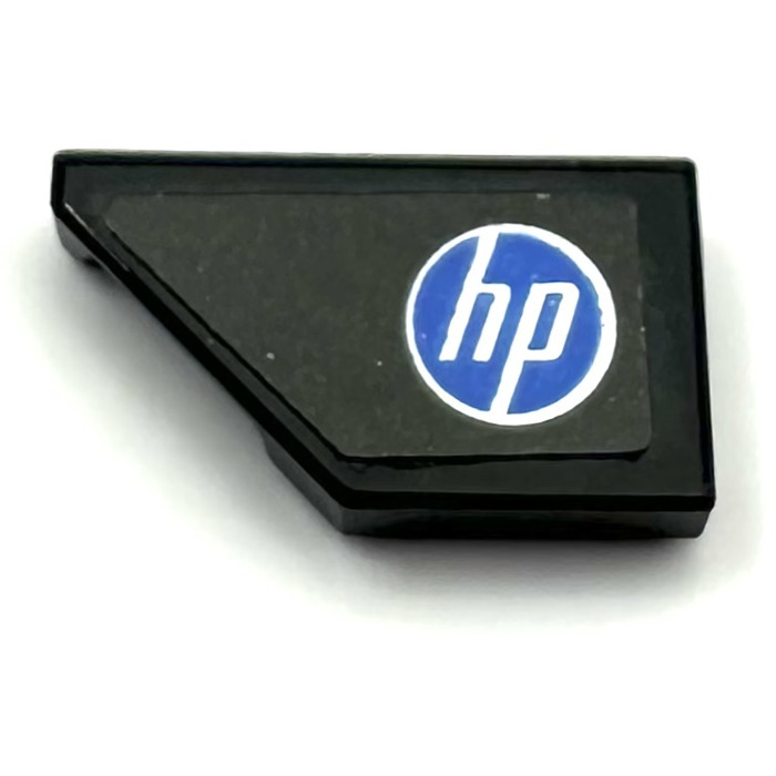 LEGO Tile 1 x 2 45° Angled Cut Left with 'hp' logo on black background ...