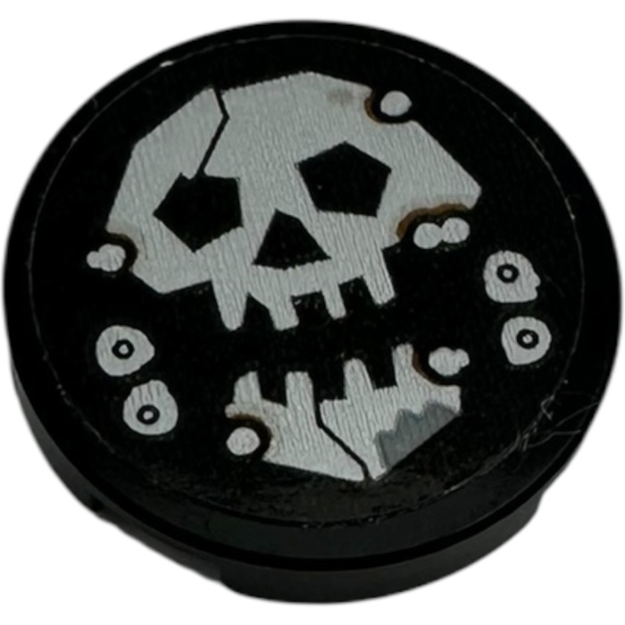 LEGO Tile 2 x 2 Round with silver skull with jaw and metal rivets ...
