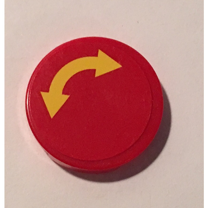 LEGO Tile 2 x 2 Round with Yellow Curved Arrow Double on Red Background ...