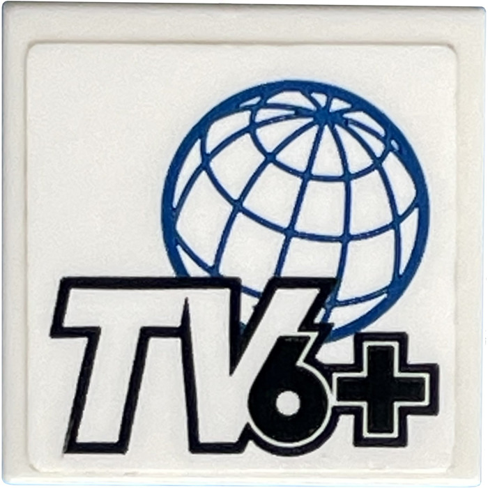 LEGO Tile 2 x 2 with TV6+ and Blue Grid Globe on White Background Sticker with Groove (3068 ...