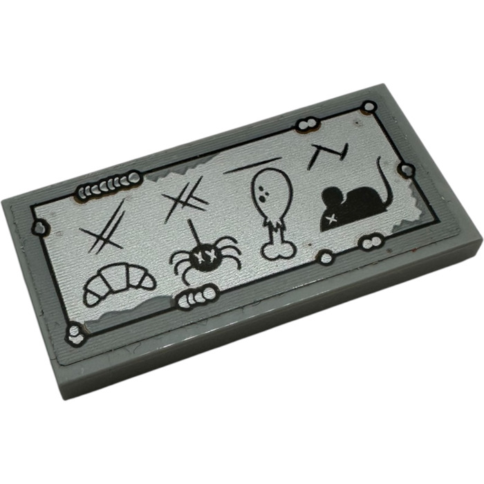 LEGO Tile 2 x 4 with menu of croissant, spider, drumstick, mouse, metal ...