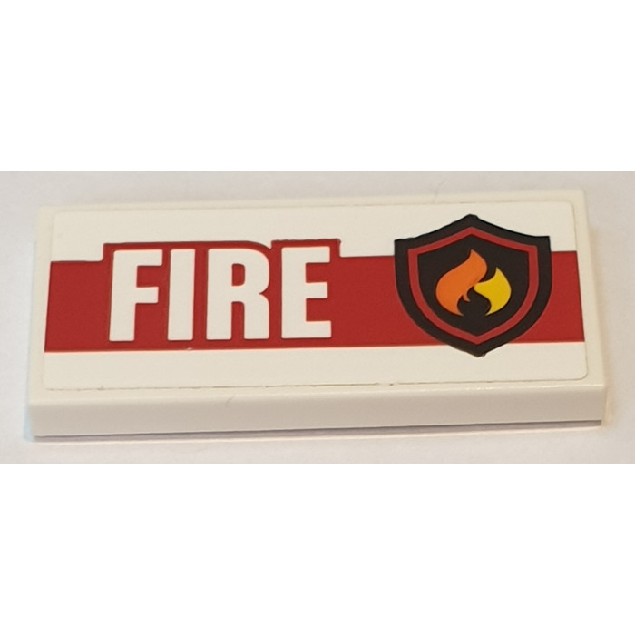 LEGO Tile 2 x 4 with White 'FIRE' , Fire Logo Badge and Red Stripe on ...