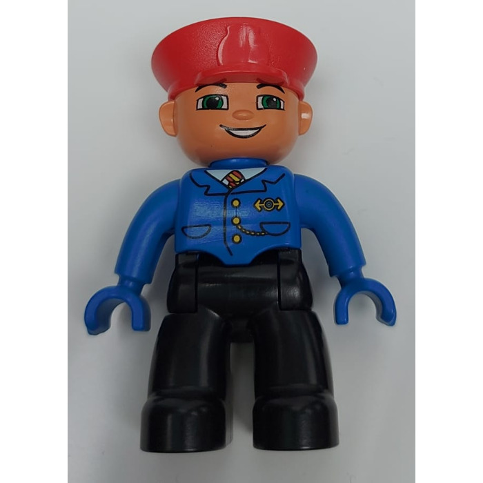 LEGO Train Conductor with Blue Jacket and Black Legs with Open Mouth ...