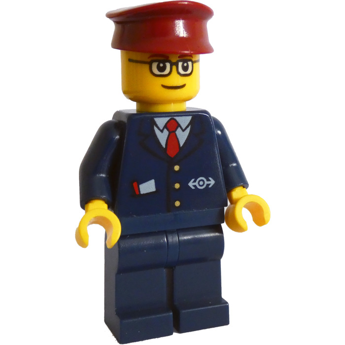 LEGO Train Conductor with Dark Blue Outfit, Dark Red Hat and Glasses ...