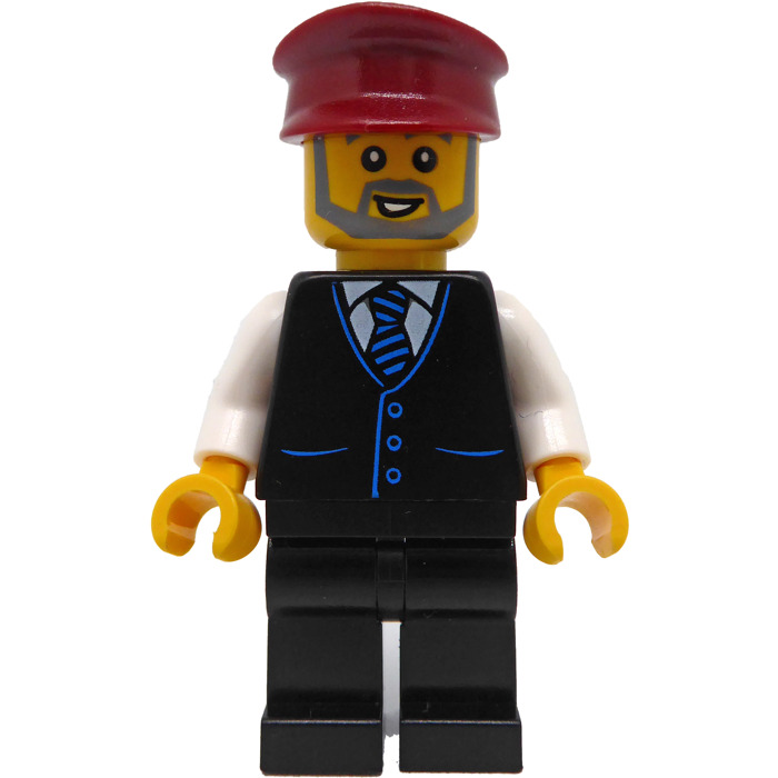 LEGO Train Driver with Black Vest, Dark Red Hat and Beard Minifigure ...