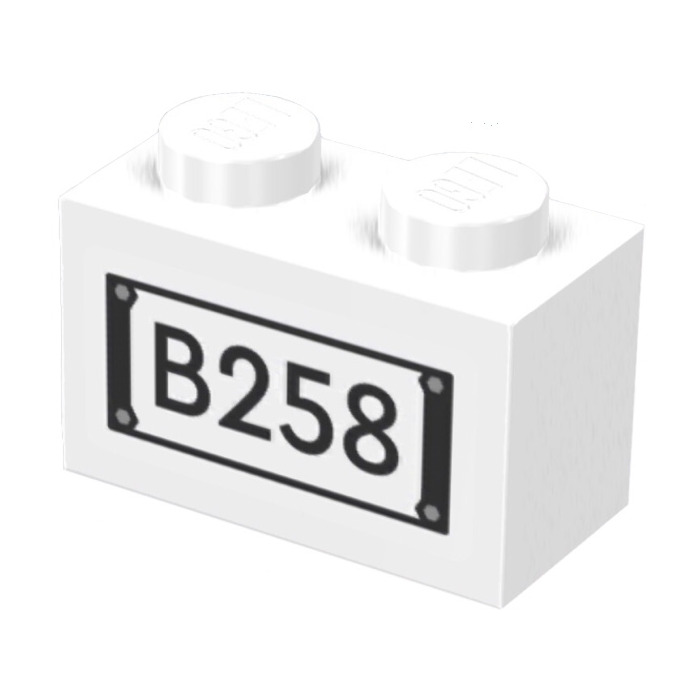 LEGO White Brick 1 x 2 with ‘B258’ Number Plate Sticker with Bottom ...