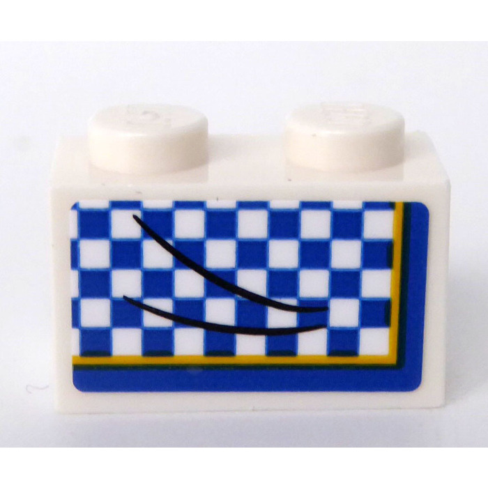 LEGO White Brick 1 x 2 with Blue and White Checkered Sticker with ...