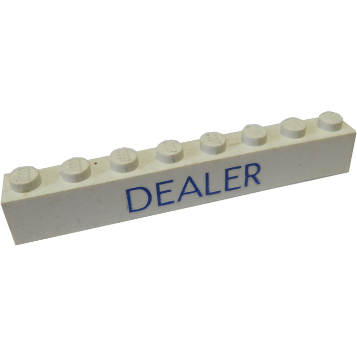 LEGO White Brick 1 x 8 with Blue "DEALER" without Bottom Tubes with ...