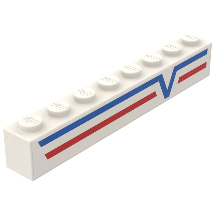 LEGO White Brick 1 x 8 with Blue -V- and Red Lines Right Sticker (3008 ...