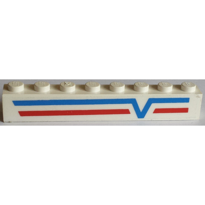 LEGO White Brick 1 x 8 with Blue -V- and Red Lines Right Sticker (3008 ...