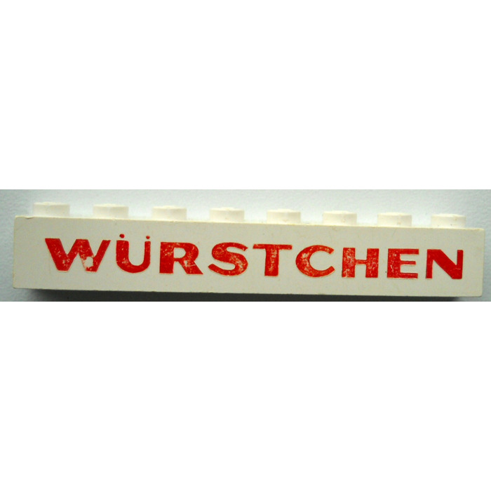 LEGO White Brick 1 x 8 with Red 'WURSTCHEN' Thick ('WÜRSTCHEN') (3008 ...