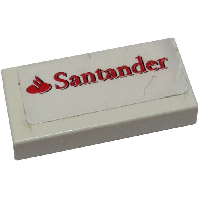 LEGO White Tile 1 x 2 with Santander Logo Sticker with Groove (3069 ...
