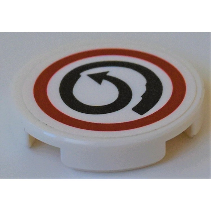 LEGO White Tile 2 x 2 Round with spiral with arrow in red circle ...