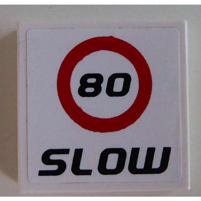 LEGO White Tile 2 x 2 with '80' and 'SLOW' Sticker with Groove (3068 ...