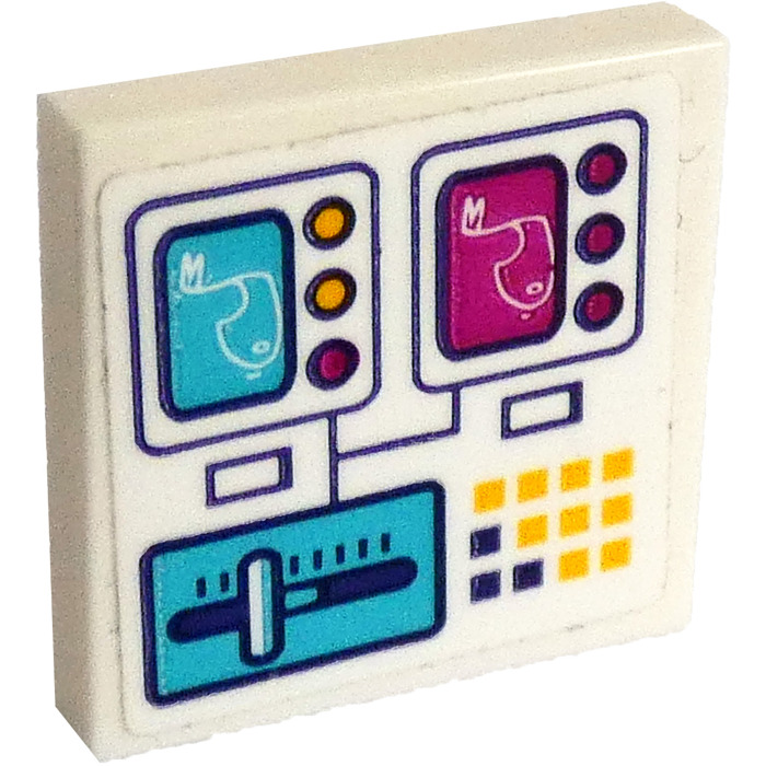 LEGO White Tile 2 x 2 with lever, switches and screens with bumper cars ...