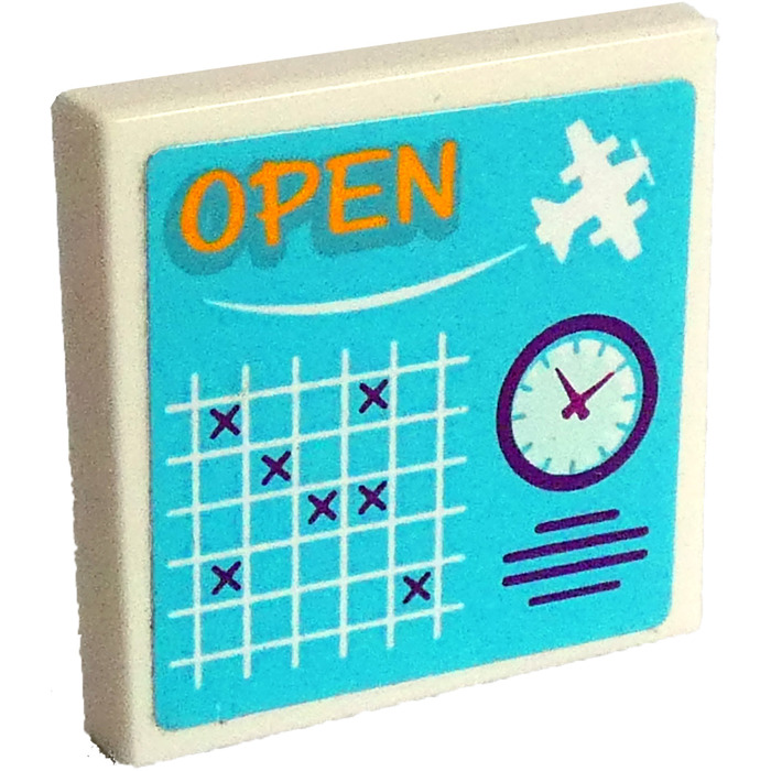 LEGO White Tile 2 x 2 with 'OPEN' and Seaplane, Schedule Sticker with ...