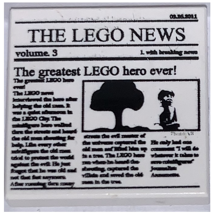 LEGO Tile 2 x 2 with 'THE LEGO NEWS' and ‘The greatest LEGO hero ever ...