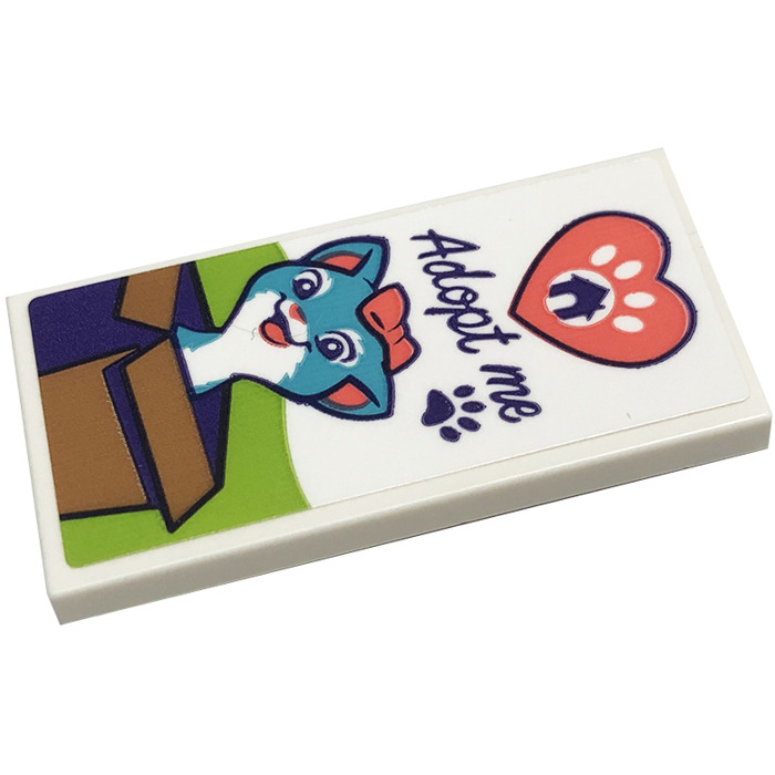 LEGO White Tile 2 x 4 with 'Adopt me', Paw , Heart, Cat, Box Sticker ...