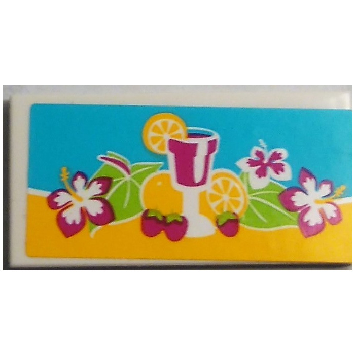 LEGO White Tile 2 x 4 with Oranges Strawberries, Flowers and Lemonade ...