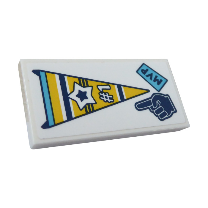 LEGO White Tile 2 x 4 with Star and '#1' on Pennant, 'MVP' and Hand ...