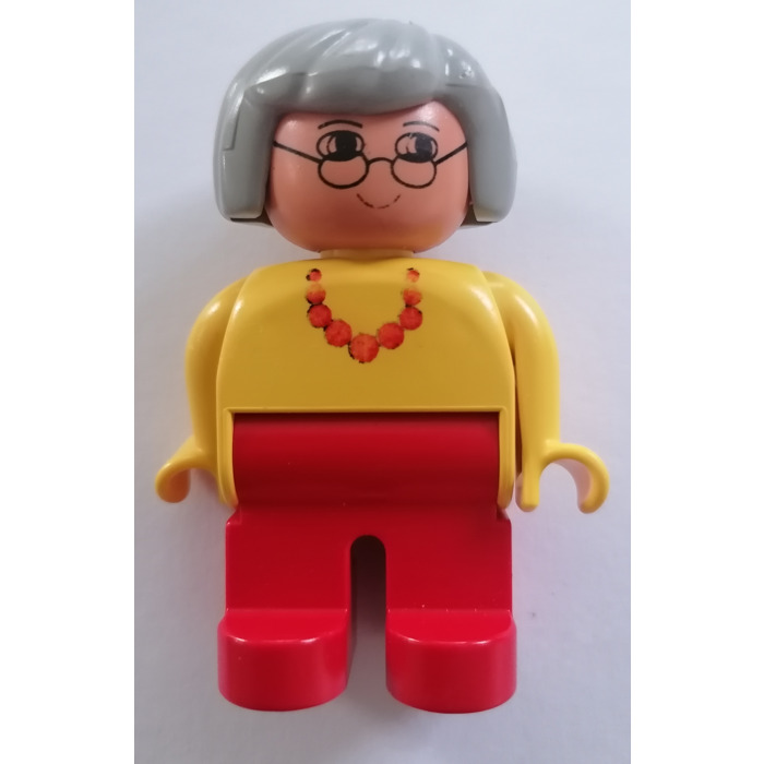 LEGO Woman with Yellow Top with Red Necklace and Gray Hair Duplo Figure ...