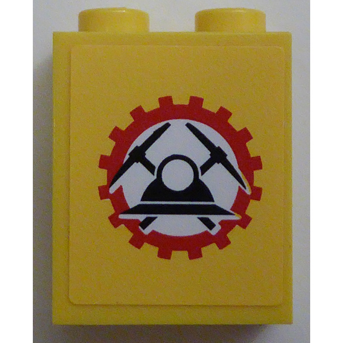 LEGO Yellow Brick 1 x 2 x 2 with Helmet and Pickaxes Sticker with ...